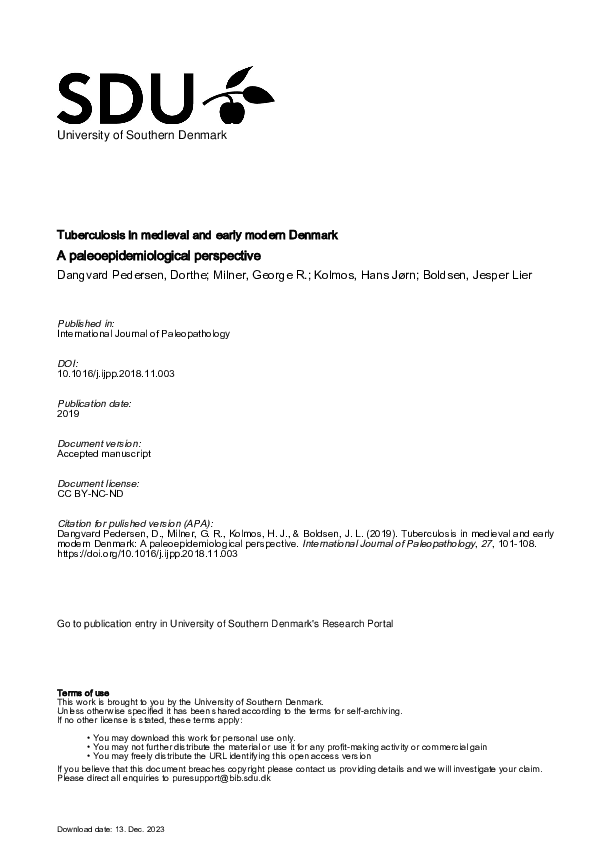 (PDF) Tuberculosis in medieval and early modern Denmark: A ...