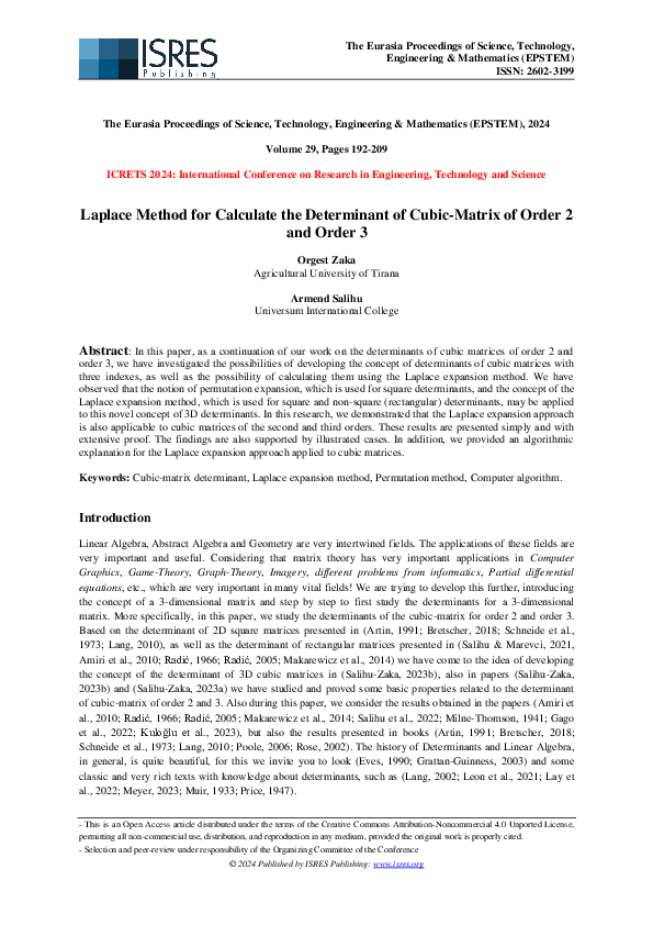 (PDF) Laplace Method for Calculate the Determinant of Cubic-Matrix of Order 2 and Order 3
