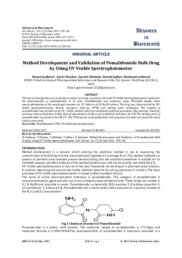(PDF) Method Development and Validation of Pomalidomide Bulk Drug by Using UV Visible ...