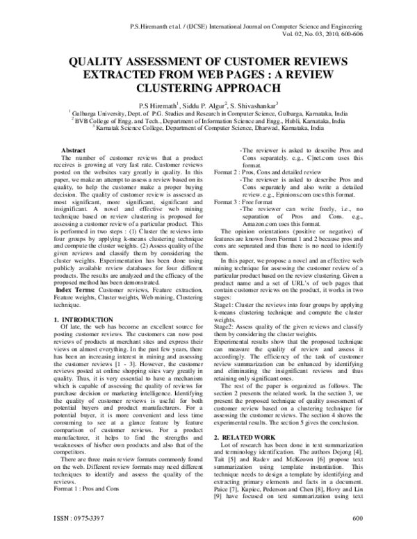 (PDF) Quality Assessment of Customer Reviews Extracted from Web Pages : A Review Clustering Approach