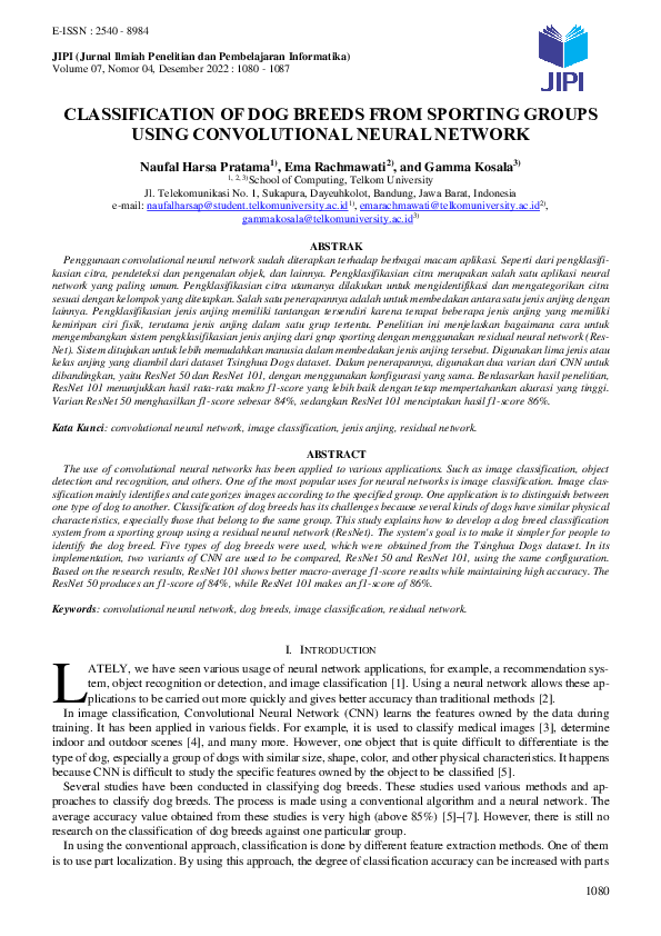 (PDF) Classification of Dog Breeds from Sporting Groups Using Convolutional Neural Network