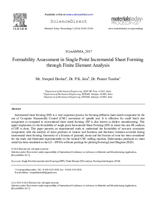 (PDF) Formability Assessment in Single Point Incremental Sheet Forming through Finite Element ...