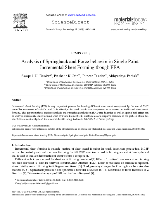 (PDF) Analysis of Springback and Force behavior in Single Point Incremental Sheet Forming though FEA