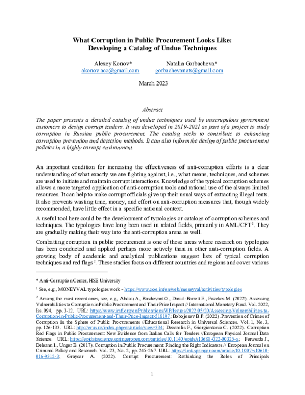 (PDF) What Corruption in Public Procurement Looks Like: Developing a Catalog of Undue Techniques