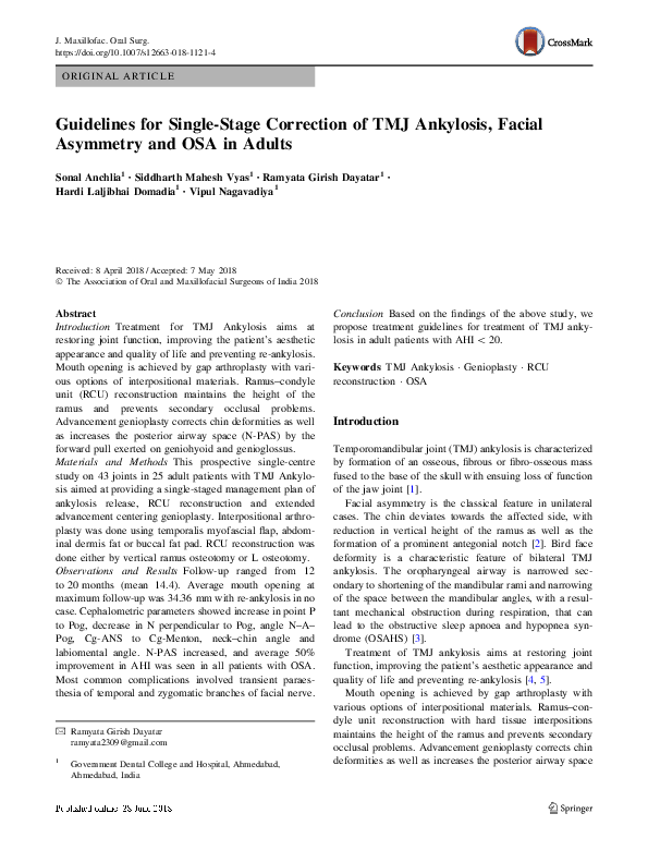 (PDF) Guidelines for Single-Stage Correction of TMJ Ankylosis, Facial ...