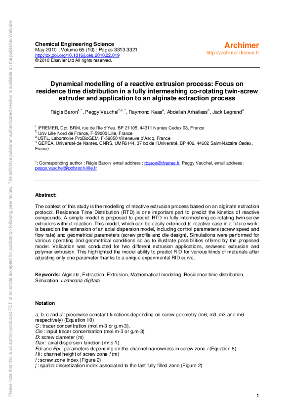 (PDF) Dynamical modelling of a reactive extrusion process: Focus on residence time distribution ...