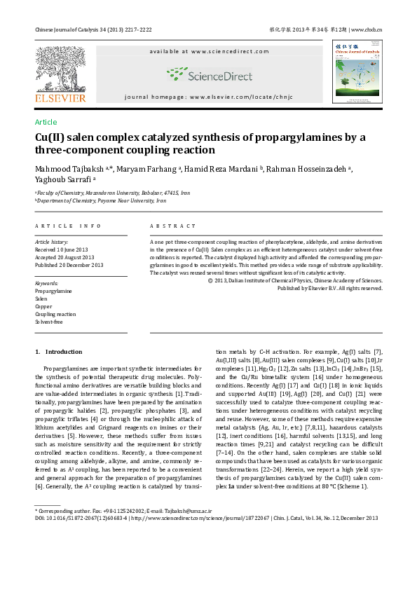 (PDF) Cu(II) salen complex catalyzed synthesis of propargylamines by a ...