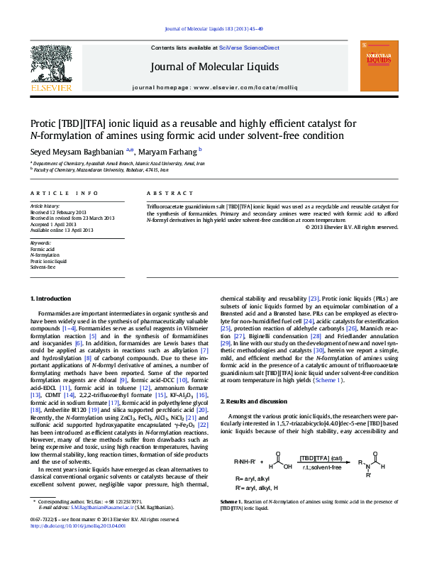 (PDF) Protic [TBD][TFA] ionic liquid as a reusable and highly efficient ...