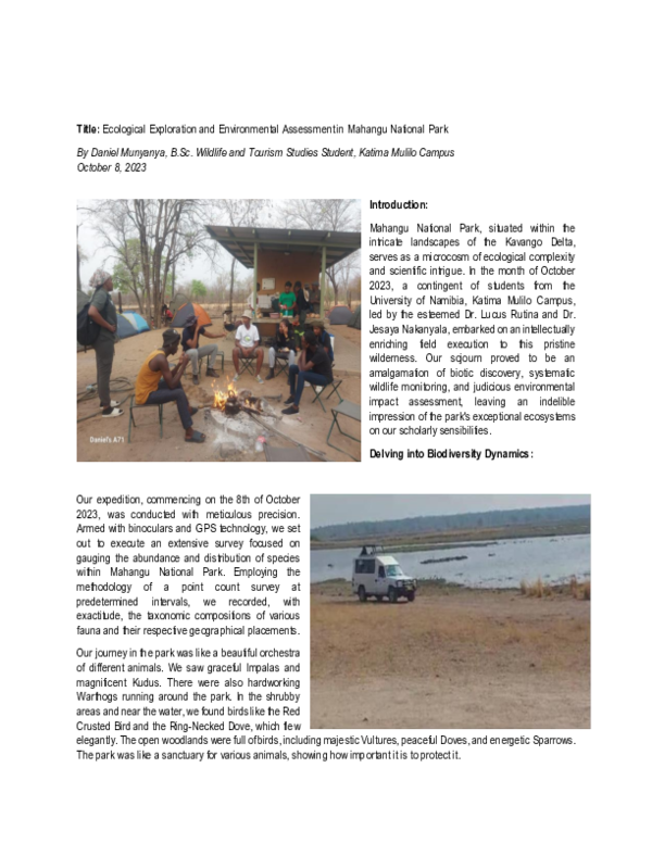 Ecological Exploration and Environmental Assessment in Mahangu National ...