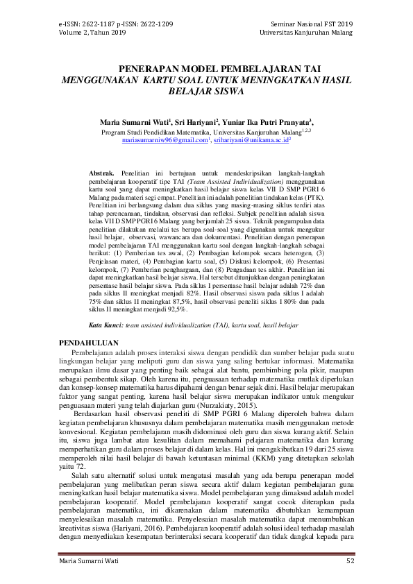 (PDF) Penerapan Model Pembelajaran Tai Menggunakan Kartu Soal Untuk ...