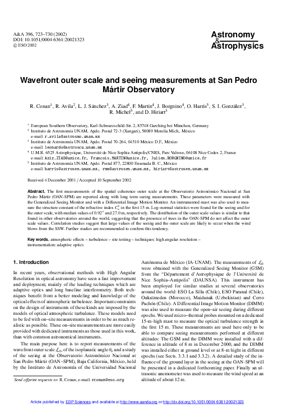 (PDF) Wavefront outer scale and seeing measurements at San Pedro M rtir ...