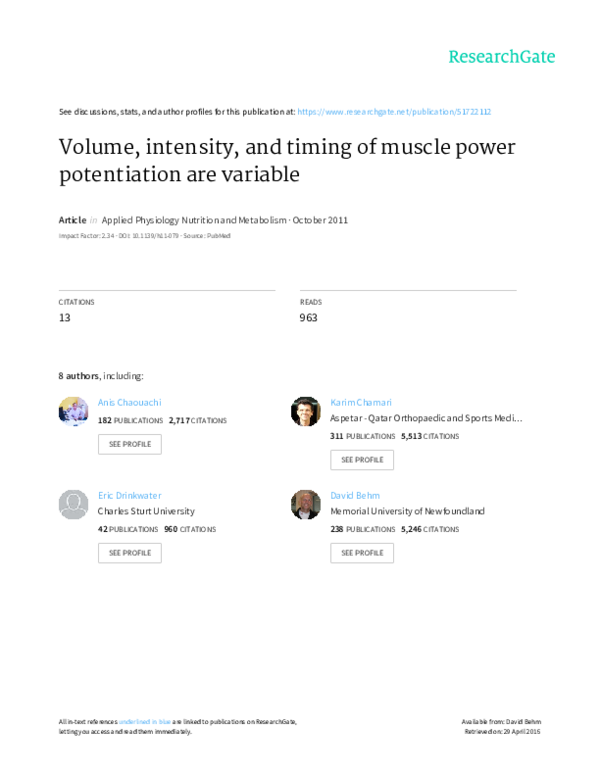 (PDF) Volume, intensity, and timing of muscle power potentiation are variable