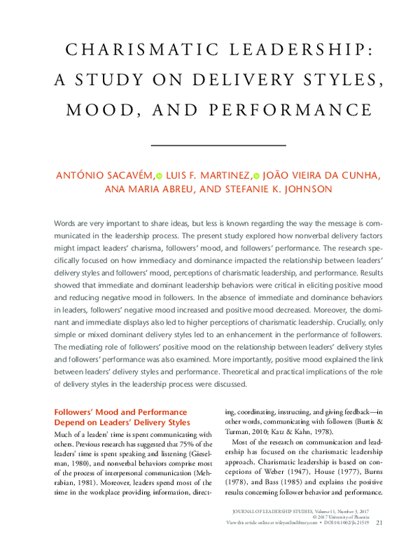 (PDF) Charismatic Leadership: A Study on Delivery Styles, Mood, and ...