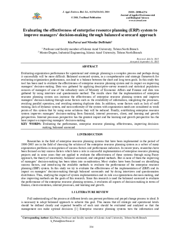 (PDF) Evaluating the effectiveness of enterprise resource planning (ERP) system to improve ...