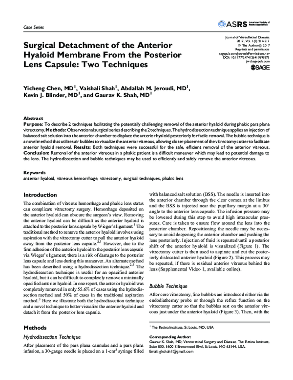 Surgical Detachment of the Anterior Hyaloid Membrane From the Posterior ...