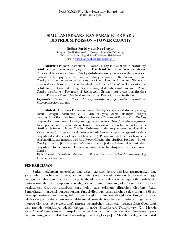 (PDF) Simulasi Penaksiran Parameter Pada Distribusi Poisson – Power Cauchy