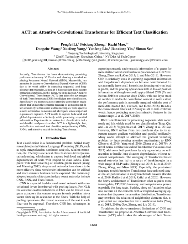 (PDF) ACT: an Attentive Convolutional Transformer for Efficient Text Classification