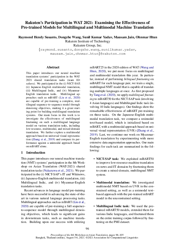 (PDF) Rakuten’s Participation in WAT 2021: Examining the Effectiveness ...