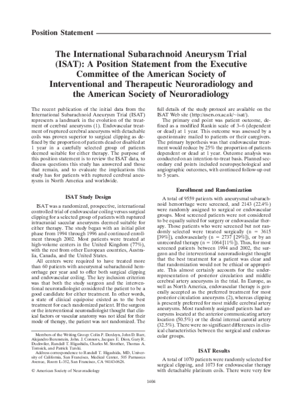 (PDF) The International Subarachnoid Aneurysm Trial (ISAT): a position ...