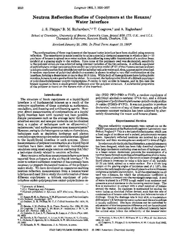 (PDF) Neutron reflection studies of copolymers at the hexane/water interface