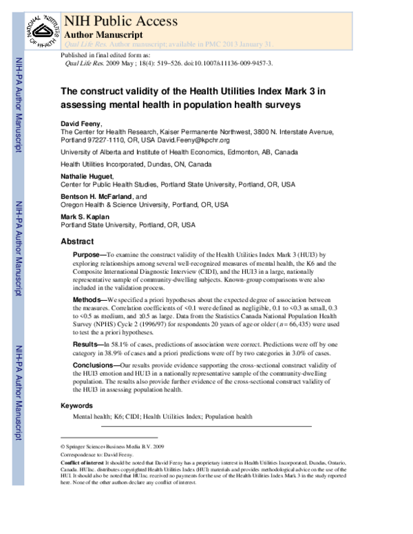 (PDF) The construct validity of the Health Utilities Index Mark 3 in ...