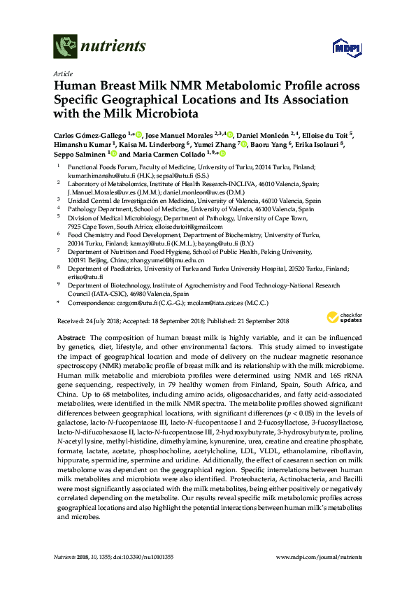 (PDF) Human Breast Milk NMR Metabolomic Profile across Specific ...