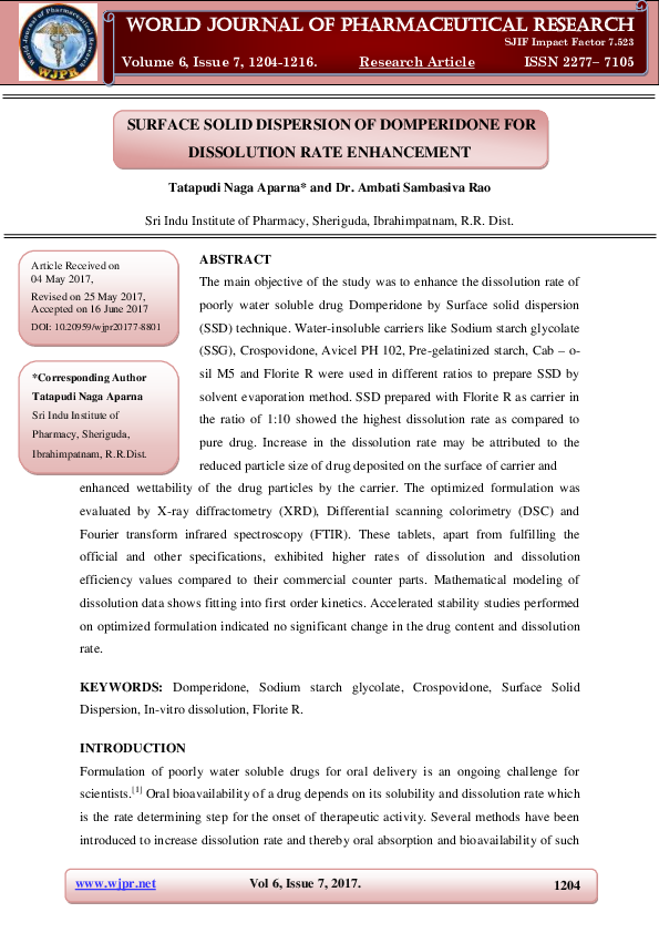 (PDF) Surface Solid Dispersion of Domperidone for Dissolution Rate ...