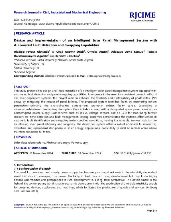 (PDF) Design and Implementation of an Intelligent Solar Panel Management System with Automated ...