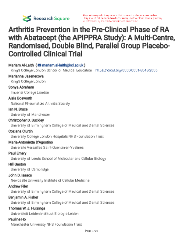(PDF) Arthritis Prevention in the Pre-Clinical Phase of RA with ...