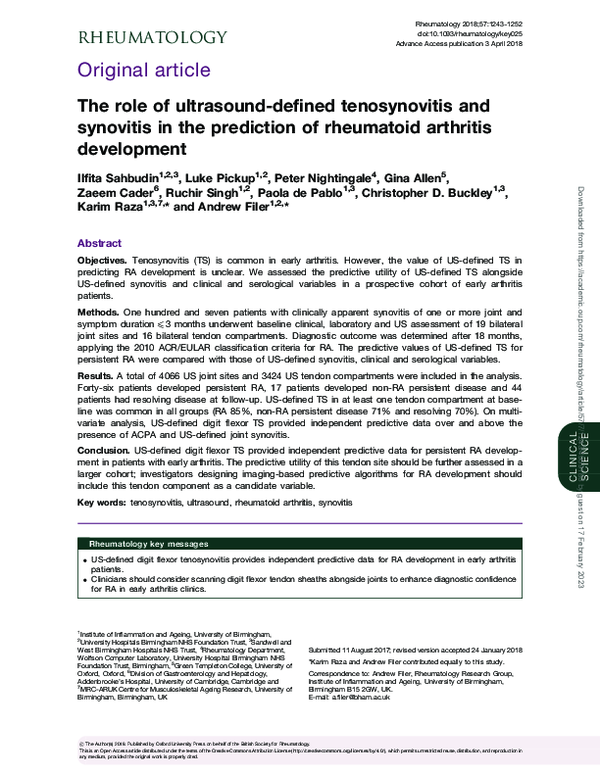 (PDF) The role of ultrasound-defined tenosynovitis and synovitis in the ...