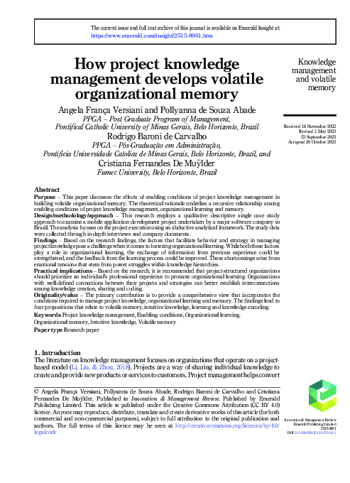 (PDF) How project knowledge management develops volatile organizational memory