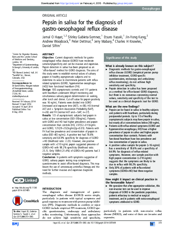(PDF) Pepsin in saliva for the diagnosis of gastro-oesophageal reflux ...