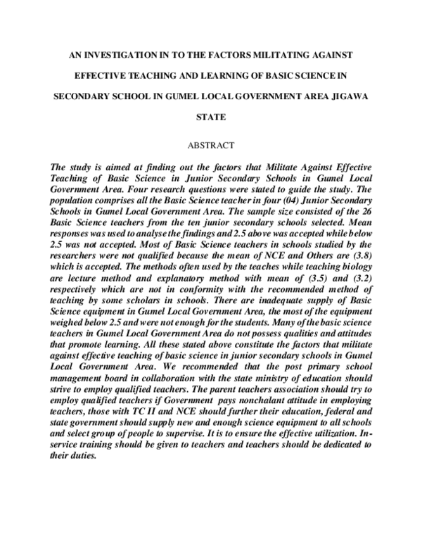 (PDF) AN INVESTIGATION IN TO THE FACTORS MILITATING AGAINST EFFECTIVE ...