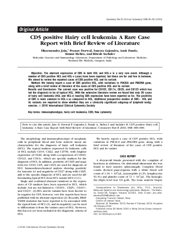 (PDF) CD5 positive hairy cell leukemia: A rare case report with brief review of literature