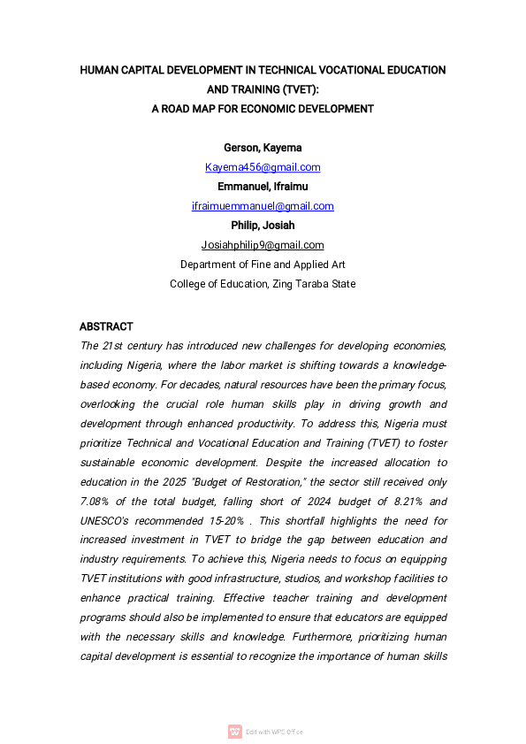 (PDF) HUMAN CAPITAL DEVELOPMENT IN TECHNICAL VOCATIONAL EDUCATION AND TRAINING (TVET): A ROAD ...