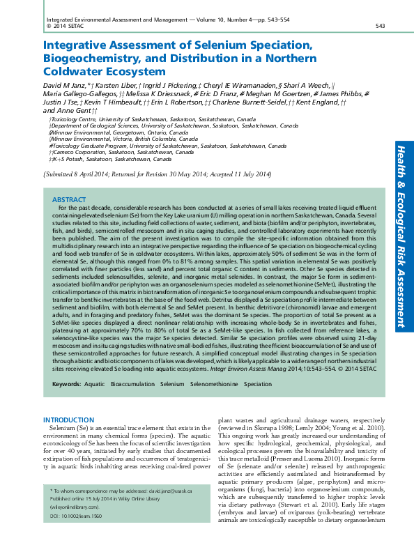 (PDF) Integrative assessment of selenium speciation, biogeochemistry, and distribution in a ...