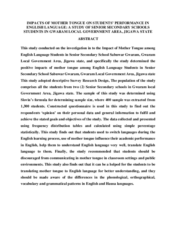 (PDF) IMPACTS OF MOTHER TONGUE ON STUDENTS' PERFORMANCE IN ENGLISH ...