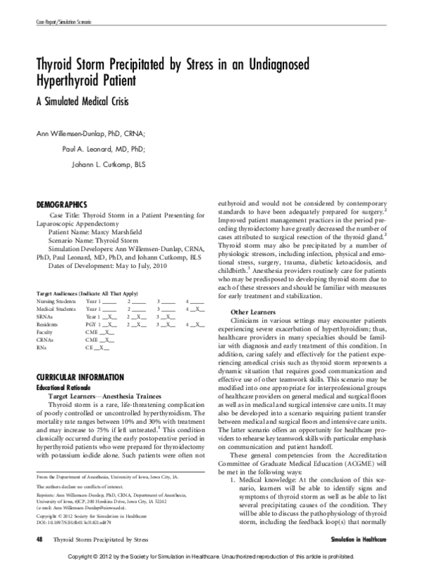 (PDF) Thyroid storm precipitated by stress in an undiagnosed ...