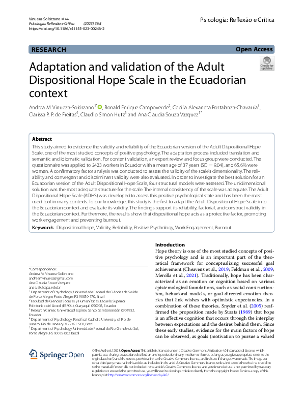 (PDF) Adaptation and validation of the Adult Dispositional Hope Scale ...