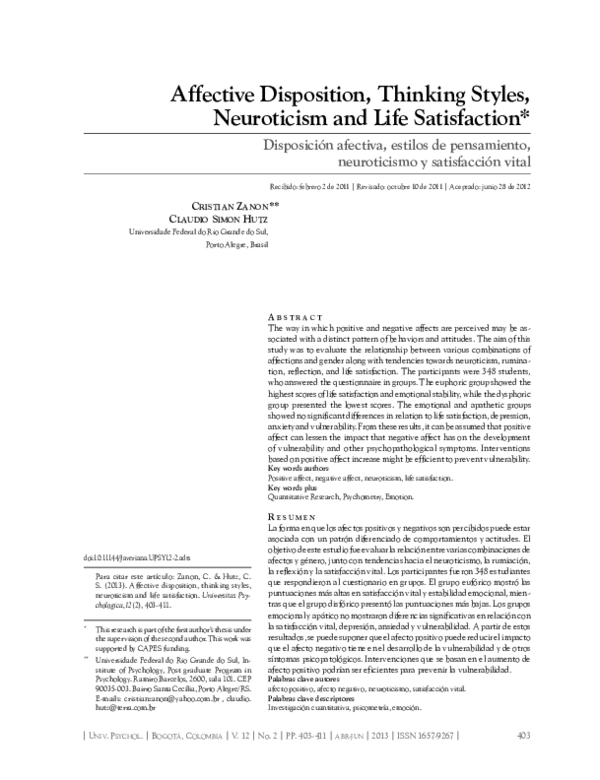 (PDF) Affective Disposition, Thinking Styles, Neuroticism and Life ...