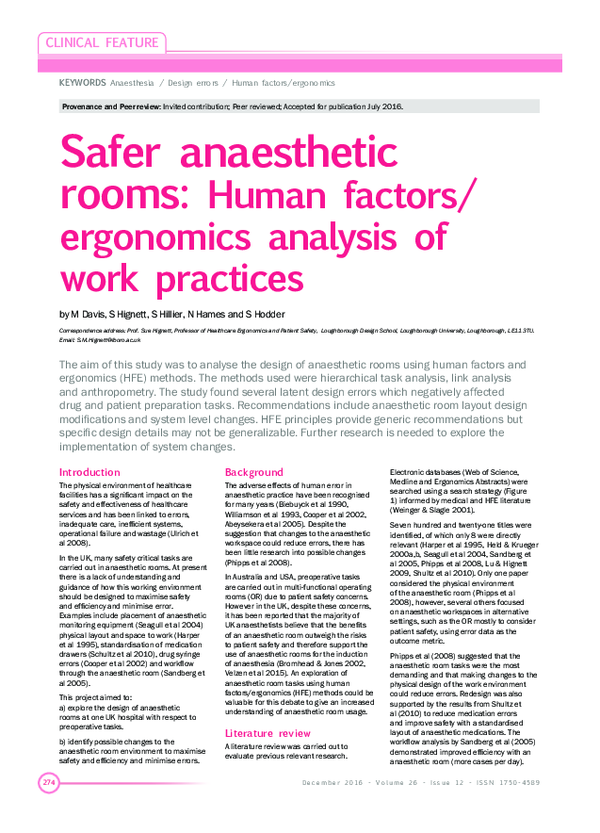 (PDF) Safer anaesthetic rooms: Human factors/ergonomics analysis of ...