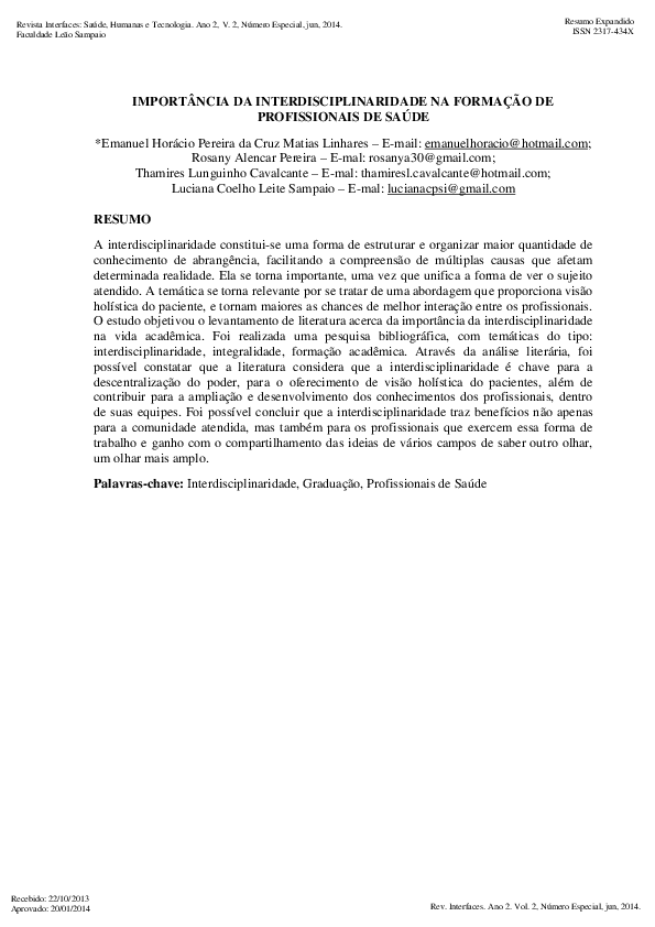 (PDF) Importância Da Interdisciplinaridade Na Formação De Profissionais ...