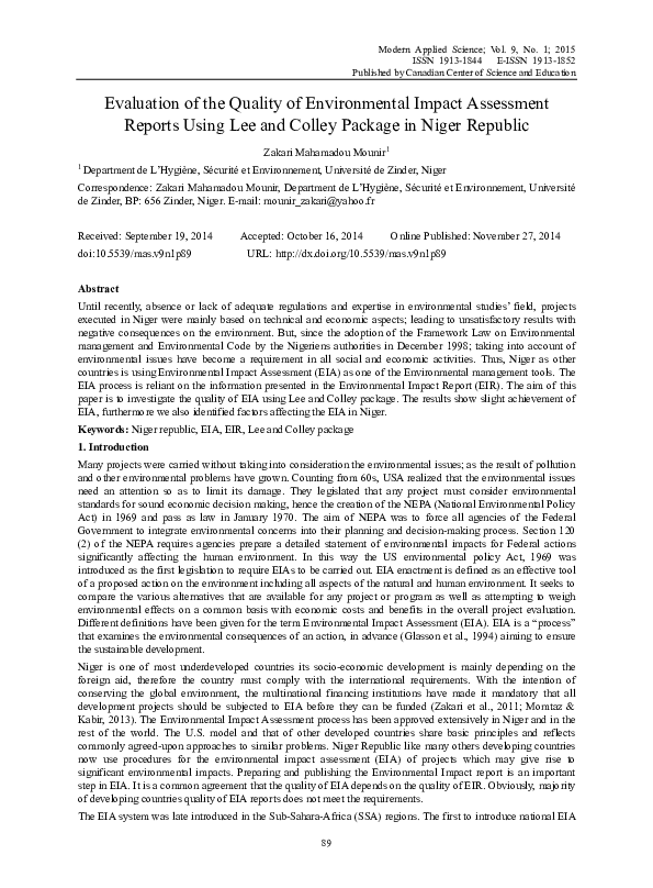 (PDF) Evaluation of the Quality of Environmental Impact Assessment ...