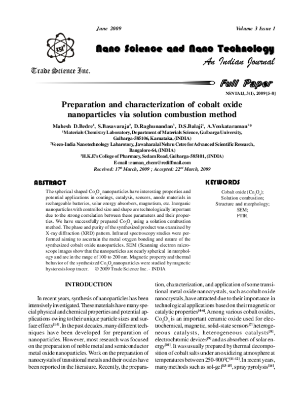 (PDF) Preparation and characterization of cobalt oxide nanoparticles via solution combustion method