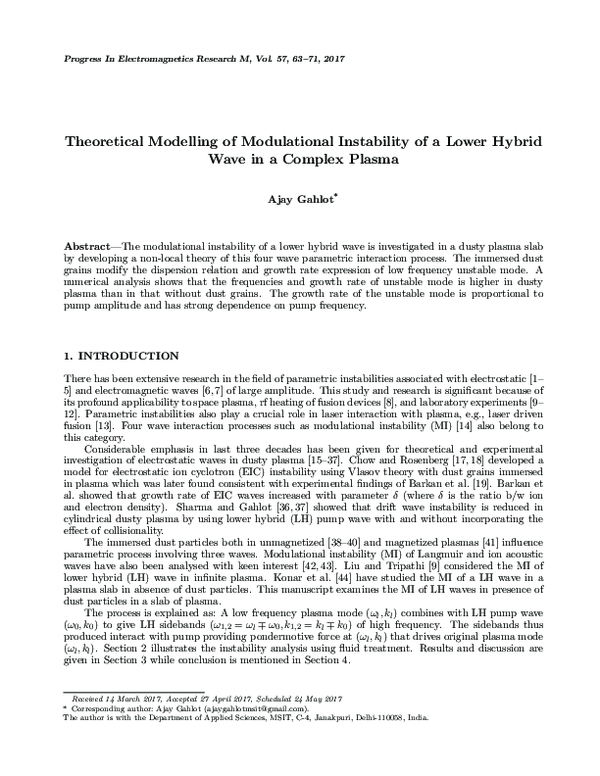 (PDF) Theoretical Modelling of Modulational Instability of a Lower Hybrid Wave in a Complex Plasma