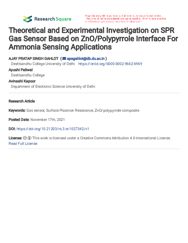 (PDF) Theoretical and Experimental Investigation on SPR Gas Sensor Based on ZnO/Polypyrrole ...
