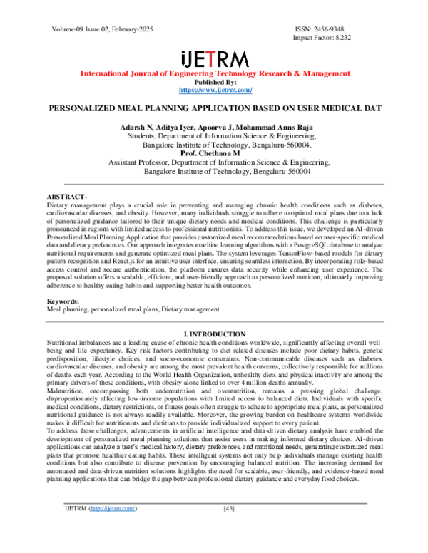 (PDF) PERSONALIZED MEAL PLANNING APPLICATION BASED ON USER MEDICAL DAT