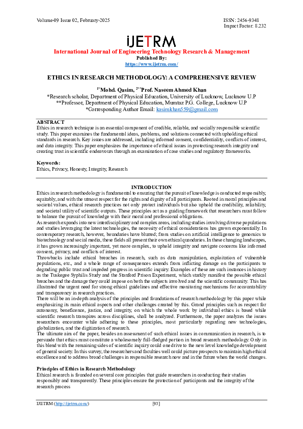 (PDF) ETHICS IN RESEARCH METHODOLOGY: A COMPREHENSIVE REVIEW