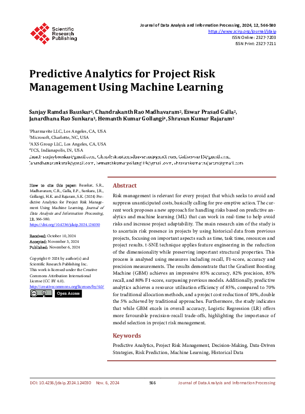 (PDF) Predictive Analytics for Project Risk Management Using Machine Learning