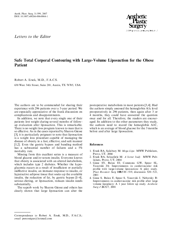 (PDF) Safe Total Corporal Contouring with Large-Volume Liposuction for ...